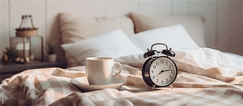 Alarm Clock And A Cup Of Coffee Placed On A White Bedside Table In Front Of A Bed With Gray