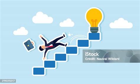 사업가가 램프로 이어지는 사다리에서 떨어지는데 이는 사업 아이디어와 혁신을 얻고 적용하려는 시도의 실패를 나타냅니다 개념에 대한 스톡 벡터 아트 및 기타 이미지 Istock