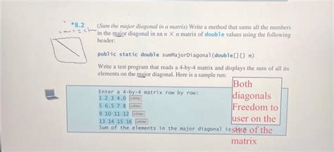 Solved Sum The Major Diagonal In A Matrix Write A Method Chegg Com