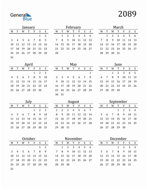 Year 2089 Free Printable 12-Month Calendar