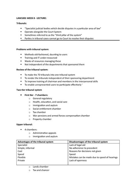 Law1001 Week 8 Lecture Notes Law1001 Week 8 Lecture Tribunals Specialist Judicial