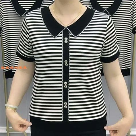 靚麗媽媽服裝 時尚洋氣娃娃領t恤 女年夏季新款短袖媽媽裝條紋寬松顯瘦上衣 蝦皮購物