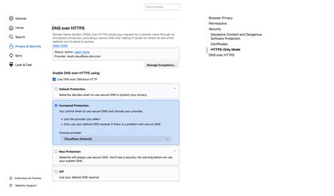 Configure DNS Over HTTPS Protection Levels In Waterfox Waterfox