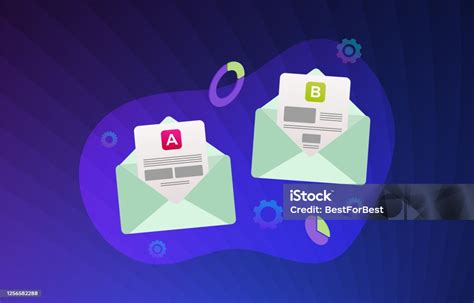 다른 웹 개발 Ui 인터페이스가 있는 두 개의 프로모션 메일 전자 메일 Ab 분할 테스트 일러스트 개념 긍정적 인 피드백 보라색 배경이있는 플랫 벡터와 Ab 비교 를