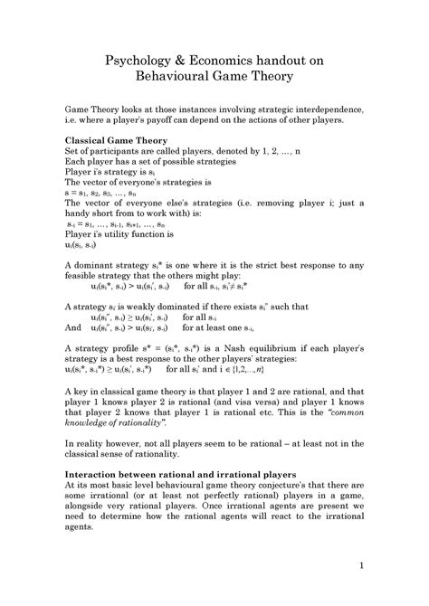 Behavioural Game Theory Psychology And Economics Handout On Behavioural