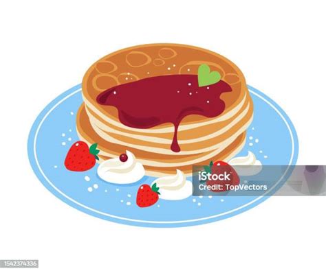 휘핑크림 초콜릿 토핑 딸기를 곁들인 달콤한 팬케이크 맛있는 아침 식사 또는 전형적인 음식 벡터 일러스트레이션이 있는 브런치 거품 내기에 대한 스톡 벡터 아트 및 기타 이미지