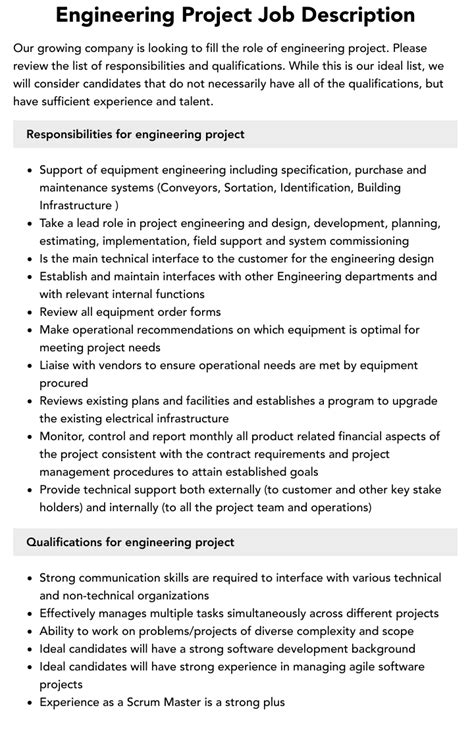 Engineering Project Job Description Velvet Jobs