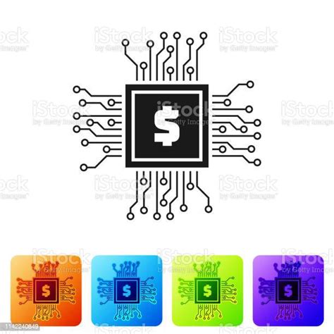 흰색 바탕에 달러 아이콘 블랙 프로세서 칩 Cpu 중앙 처리 장치 마이크로칩 마이크로 회로 컴퓨터 프로세서 칩 색상 사각형 버튼에 아이콘을 설정 합니다 벡터 일러스트 Cpu