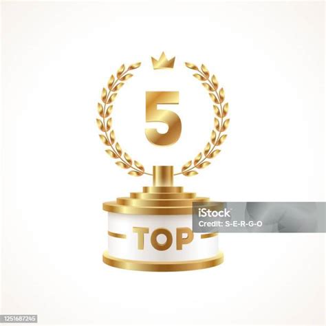 상위 5 개의 수상 컵 흰색 배경에 고립 월계수 화환과 왕관 황금 상 트로피 벡터 그림입니다 5에 대한 스톡 벡터 아트 및 기타