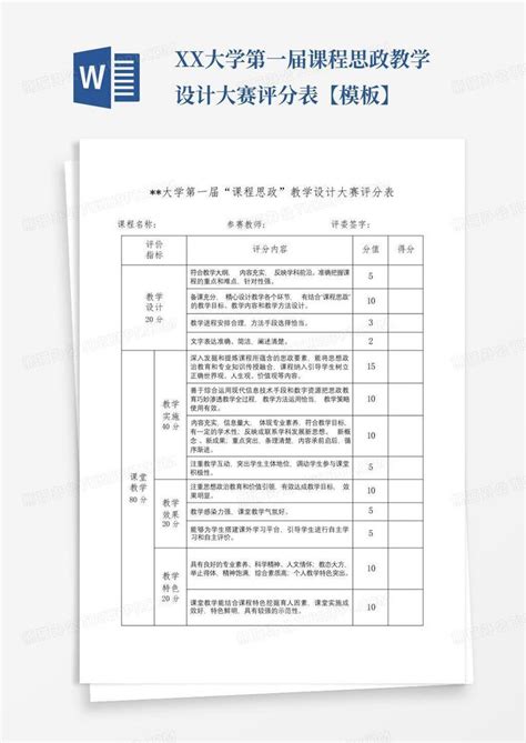 xx大学第一届课程思政教学设计大赛评分表Word模板下载 编号qywzkybj 熊猫办公