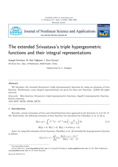 Pdf The Extended Srivastavas Triple Hypergeometric Functions And Their Integral Representations