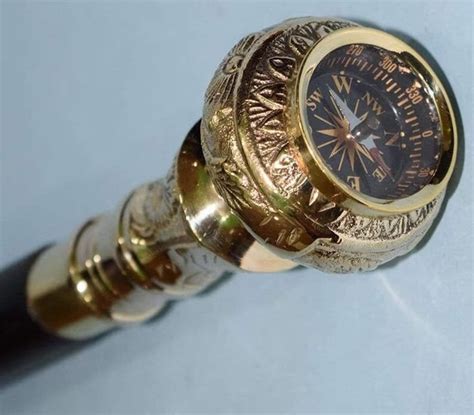 Nautical Stylish Brass Compass Head Spiral Head Handle Walking Stick