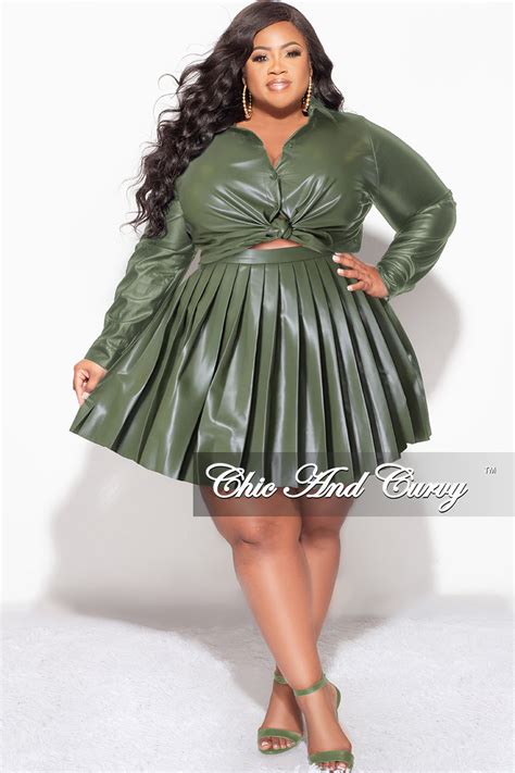 Final Sale Plus Size 2pc Set Button Up Top With Pleated Skirt In Olive