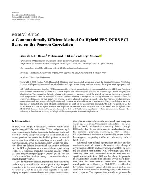 pdf a computationally efficient method for hybrid eeg fnirs bci based on the pearson correlation
