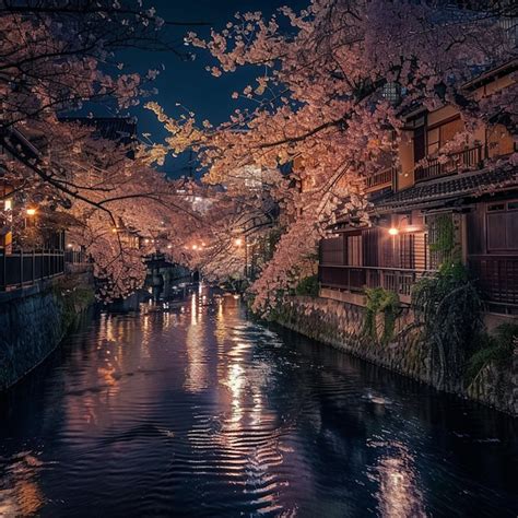 Cherry Blossoms At Night Kyoto Japan Premium Ai Generated Image