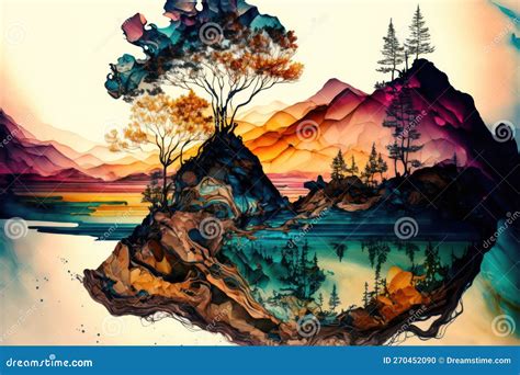 Generative Ai Illustration Of Fantastic Abstract Surreal Fantasy Landscape Of Alcohol Ink And