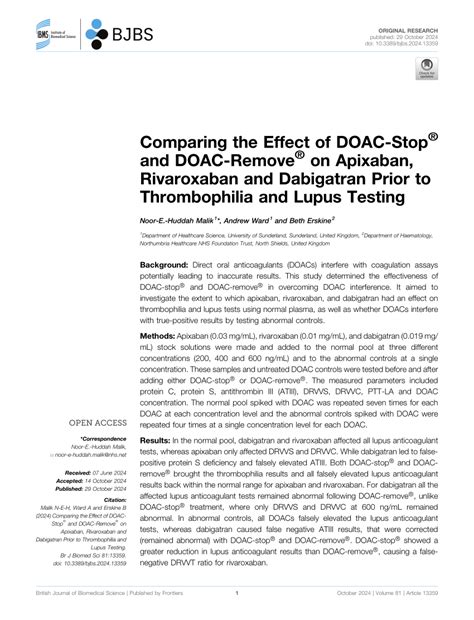 Pdf Comparing The Effect Of Doac Stop® And Doac Remove® On Apixaban