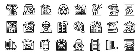 Iconos De Edificios En Llamas Vector De Contorno Del Conjunto Vehículo De Llama De Estofado