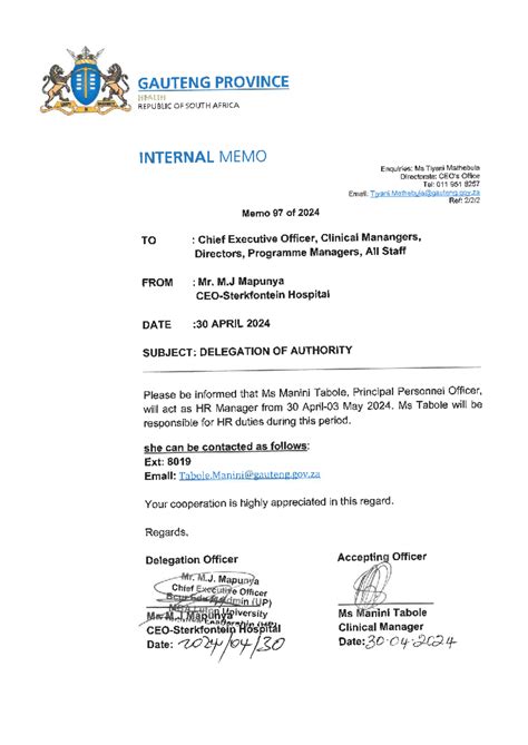 Delegation Of Authority For Ms Tabole Studocu
