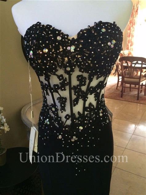 Sheath Sweetheart Long Black Chiffon Lace Beaded See Through Prom Dress