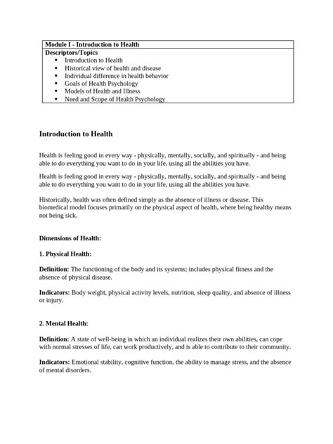 Module I Introduction | PDF | Health Psychology | Health Care