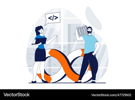 Devops Concept With People Scene In Flat Design Vector Image