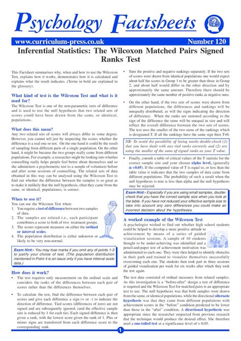 Curriculum Press Inferential Statistics The Wilcoxon Matched Pairs