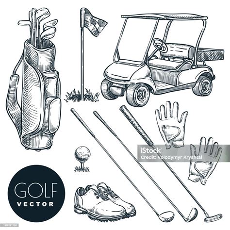 골프 클럽 벡터 손으로 그린 아이콘과 디자인 요소 세트 골프 카트 공 클럽 가방 액세서리 스케치 일러스트 골프에 대한 스톡 벡터 아트 및 기타 이미지 Istock