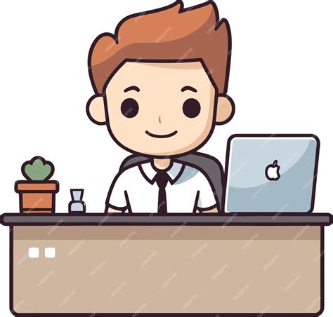 Premium Vector A Cartoon Of A Man Working At A Computer With A Plant In The Background