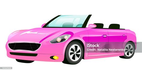 핑크 카브리올레 만화 벡터 일러스트레이션 여성을위한 세련된 자동차 지붕 평평한 색상 개체없이 여성용 자동차 흰색 배경에 고립 된