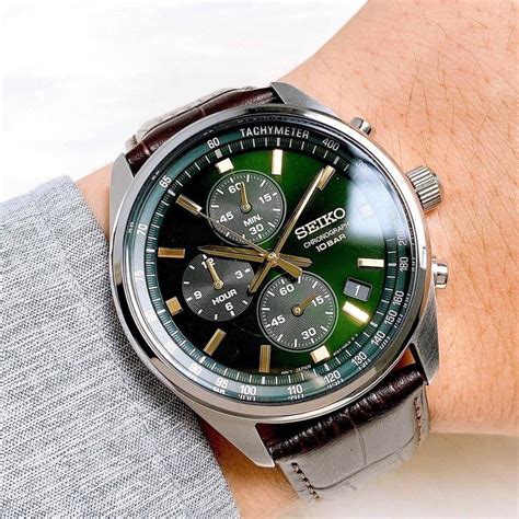 Seiko Chronograph Green Dial Leather Mens Watch Ssb385p1