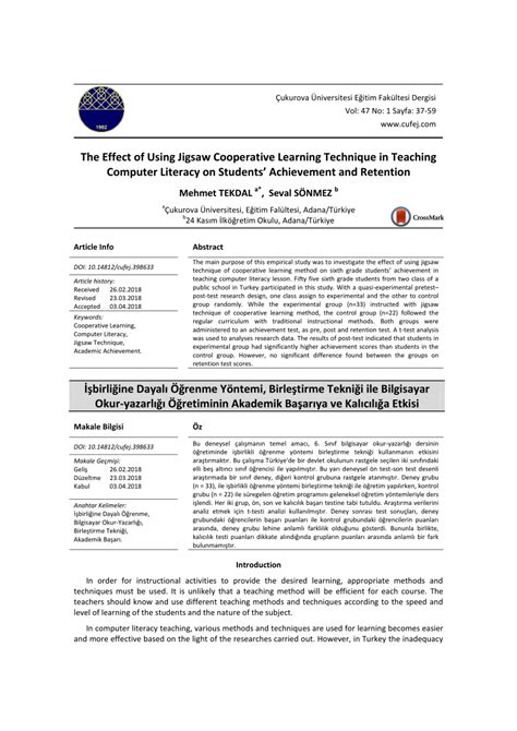Pdf The Effect Of Using Jigsaw Cooperative Learning Technique In Teaching Computer Literacy On