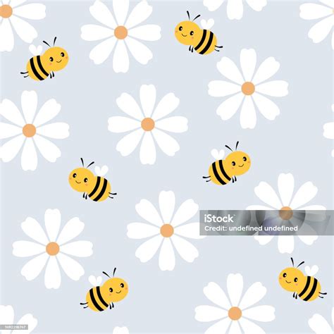 青の背景にデイジーの花と漫画の蜂を持つシームレスなパターンベクターイラスト デイジーのベクターアート素材や画像を多数ご用意 デイジー