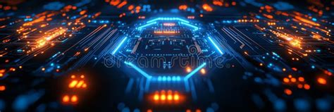 Abstract Microchip Circuit Board Technological Background With Glowing Neon Lights 3d Render
