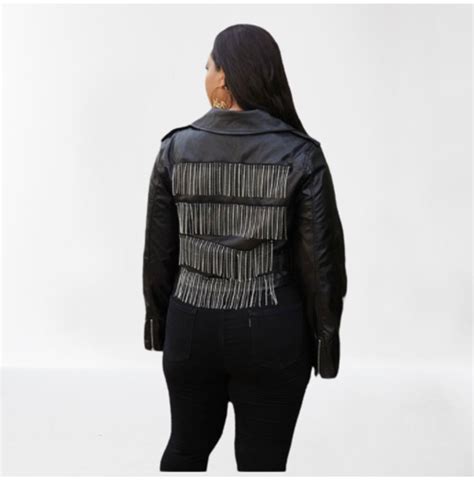 Women Black Leather Cropped Biker Jacket With Fringed Back Fashion