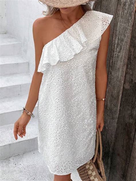 SHEIN VCAY Vestido De Un Hombro Ribete Con Fruncido Con Bordado Con