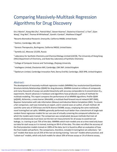 Pdf Comparing Massively Multitask Regression Algorithms For Drug Discovery
