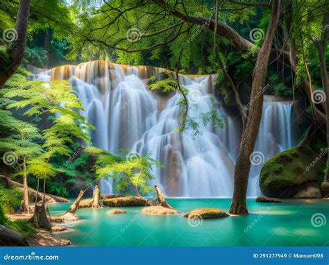 Hermoso Paisaje Con Cascada Y Bosque Stock de ilustración Ilustración