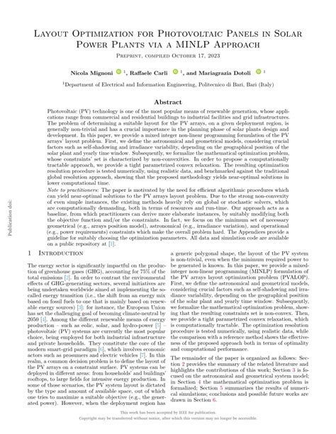 PDF Layout Optimization For Photovoltaic Panels In Solar Power Plants Via A MINLP Approach