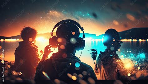 Night Beach Party With Dj And Blurred Dancing Crowd Of People Having