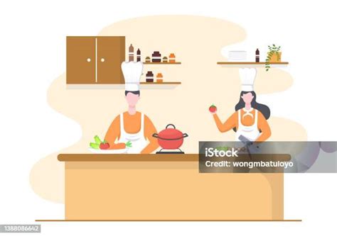 포스터에 적합한 주방에서 만든 맛있는 음식을 제공하기 위해 다른 트레이와 음식이있는 전문 요리사 만화 캐릭터 요리 일러스트레이션 벡터에 대한 스톡 벡터 아트 및 기타 이미지