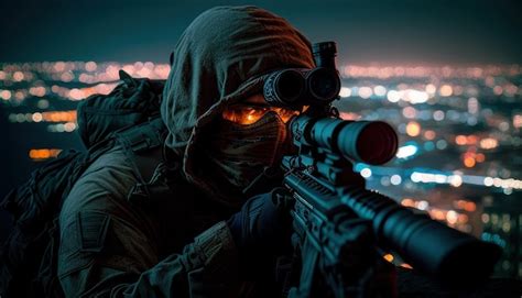 Premium Photo A Soldier With A Sniper Rifle In The Night