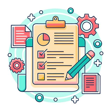 A Clipboard With A Checklist Pie Chart And Pencil Surrounded By Gears