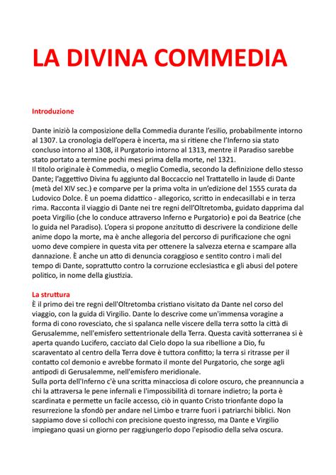 LA Divina Commedia Riassunto Dei Primi 15 Canti Dell Inferno LA
