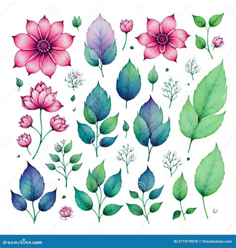 Un Conjunto De Ilustraciones De Flores Y Hojas Stock de ilustración Ilustración de serenidad