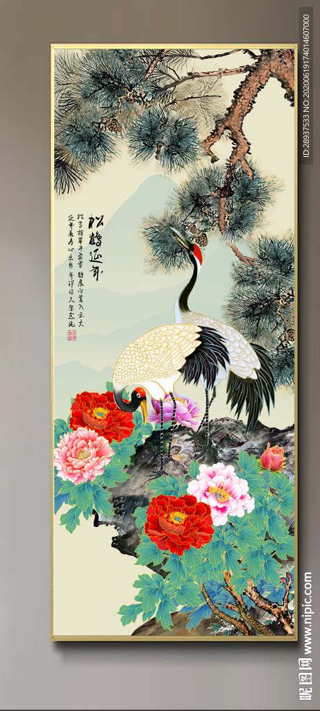 原创玄关仙鹤松树牡丹装饰画设计图 室内设计 环境设计 设计图库 昵图网