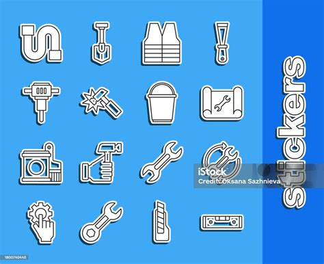 라인 건설 거품 수준 렌치 및 화살표를 워크 플로로 설정 그래프 종이 렌치 안전 조끼 망치 착암기 산업 파이프 및 버킷 아이콘 벡터 갈고리 발톱에 대한 스톡 벡터 아트 및