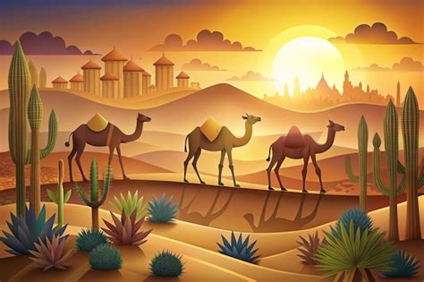 Vector Digital Craft Style Of Camels And Desert In The Evening