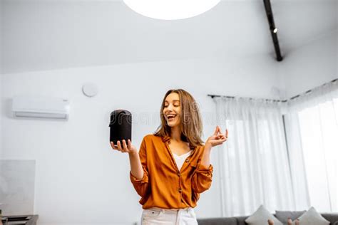 Woman Controlling Home Devices With A Voice Commands Stock Image Image Of Female Room 174855171