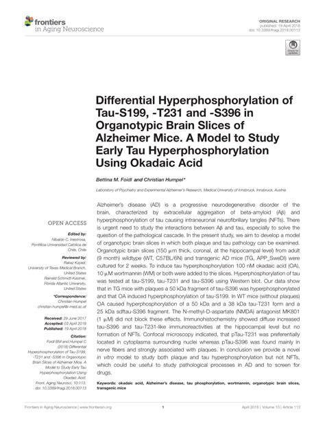 Pdf Differential Hyperphosphorylation Of Tau S199 T231 And S396 In